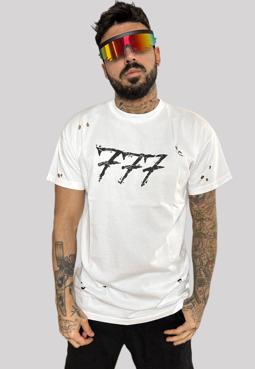 Tony Effe T-shirt TRIPLOSETTE 777 buchi logo bianca – MASCARO