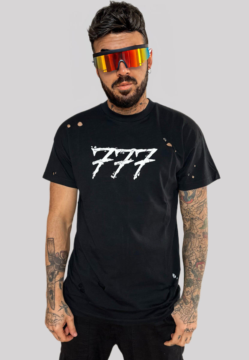 Tony Effe T-shirt TRIPLOSETTE 777 buchi logo nera – MASCARO